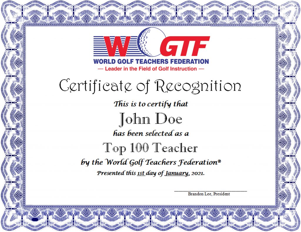 WGTF Top 100 Certificate - Sample - United States Golf Teachers Federation